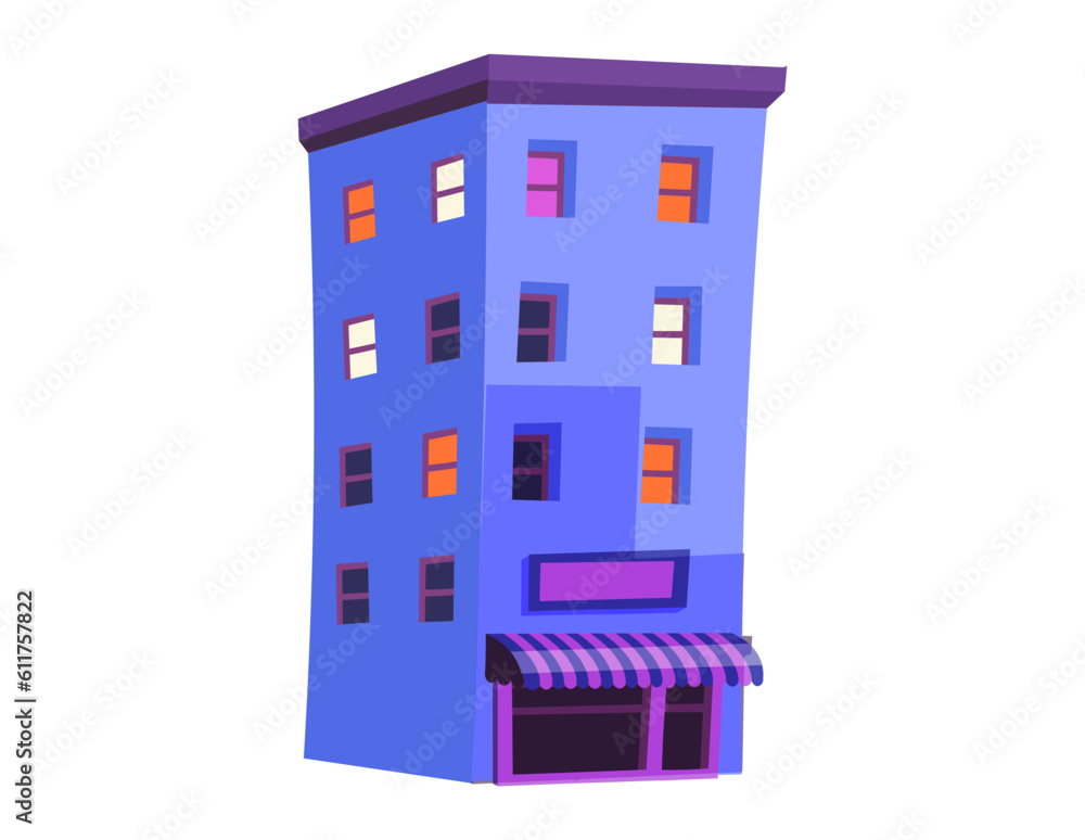 house for city at night. Blue house with colored windows in cartoon ...