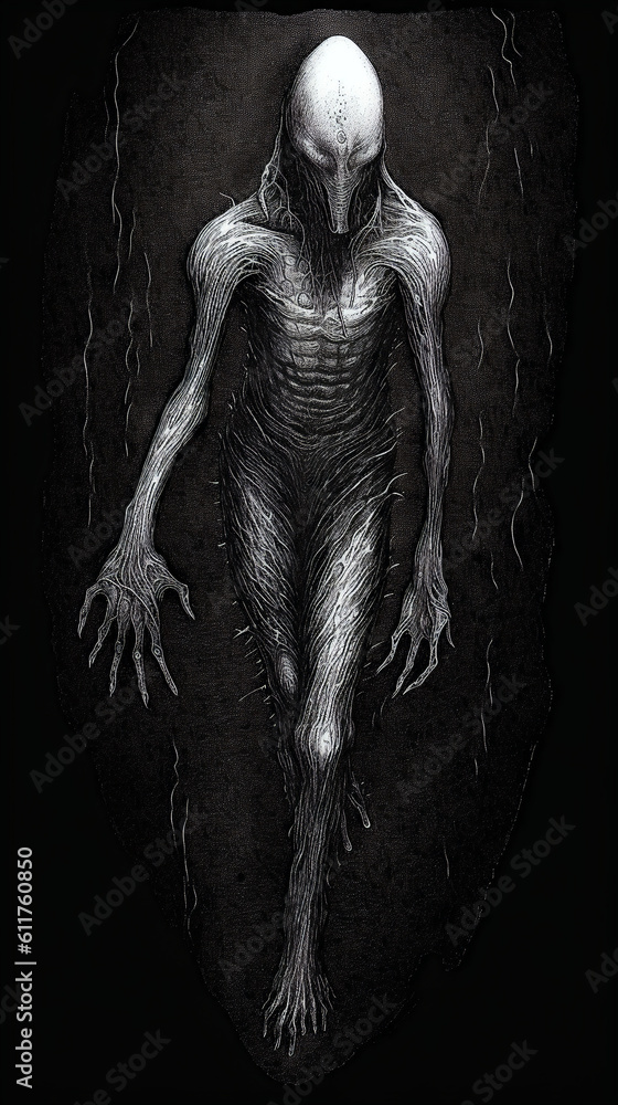 Symbolism surrealism ink drawing hatching, full body portrait including ...