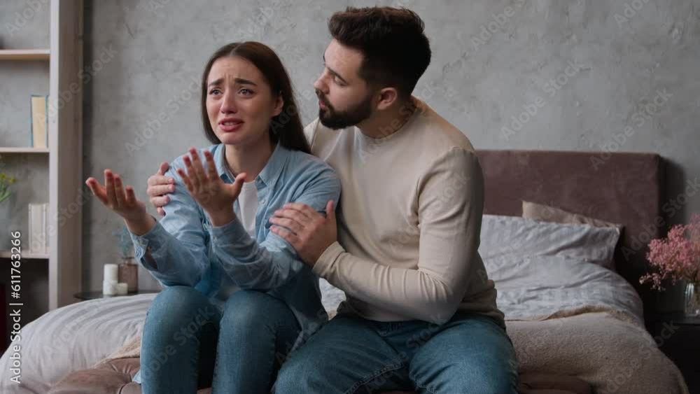 Caucasian man apologizing husband calming anxious annoyed wife ask ...