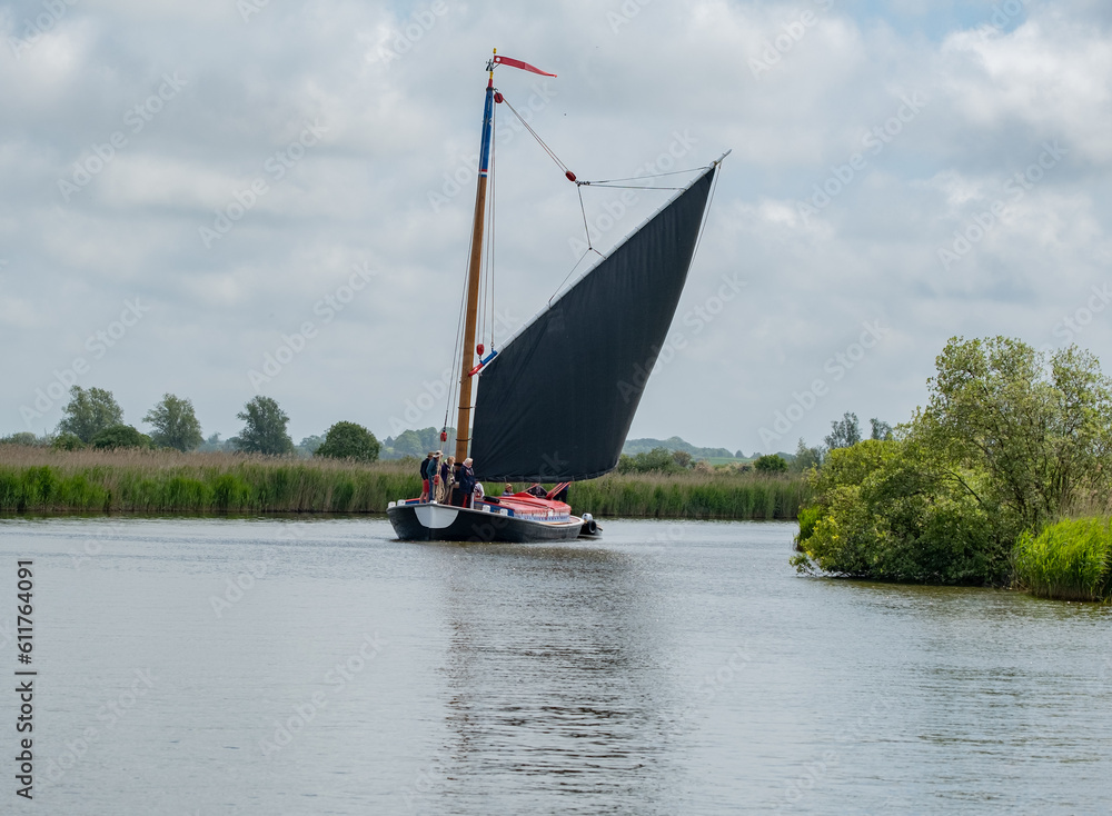 The Norfolk Wherry sailing down the River Bure, Norfolk Broads Stock ...