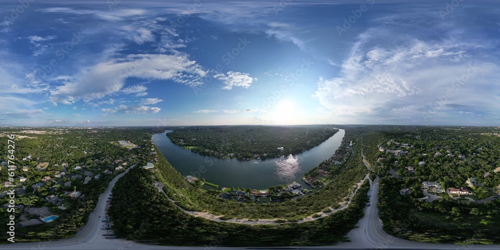 Aerial view of Lake Austin, via Mount Bonnell, with downtown's skyline ...