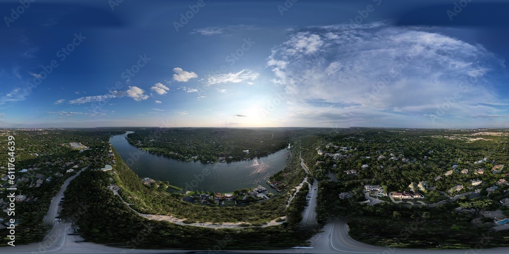 Aerial view of Lake Austin, via Mount Bonnell, with downtown's skyline ...