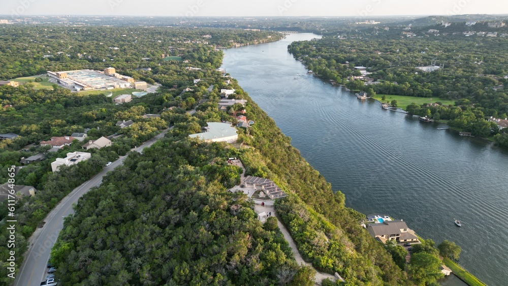 Aerial view of Lake Austin, via Mount Bonnell, with downtown's skyline ...