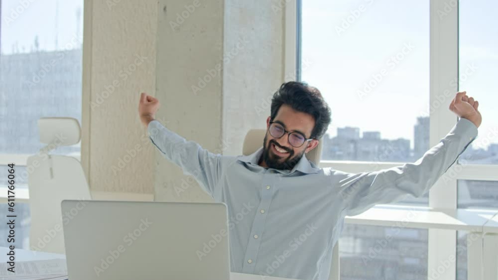 Happy office employee Arabian Indian man tired muslim businessman ...