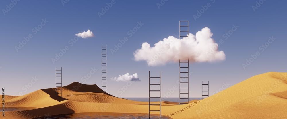 3d render. Abstract surreal background. Panoramic scenery. Desert ...