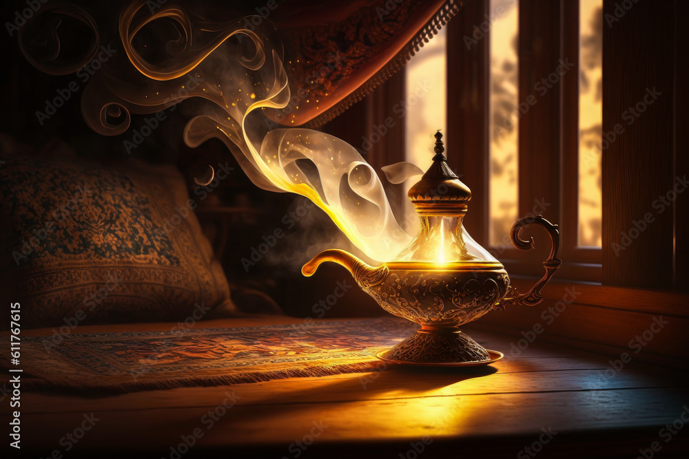 Captivating image of a magical genie lamp with enchanting sparkles on a ...