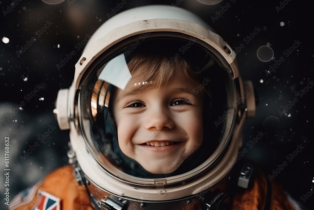 child boy that is wearing an astronaut suit against an outer space ...