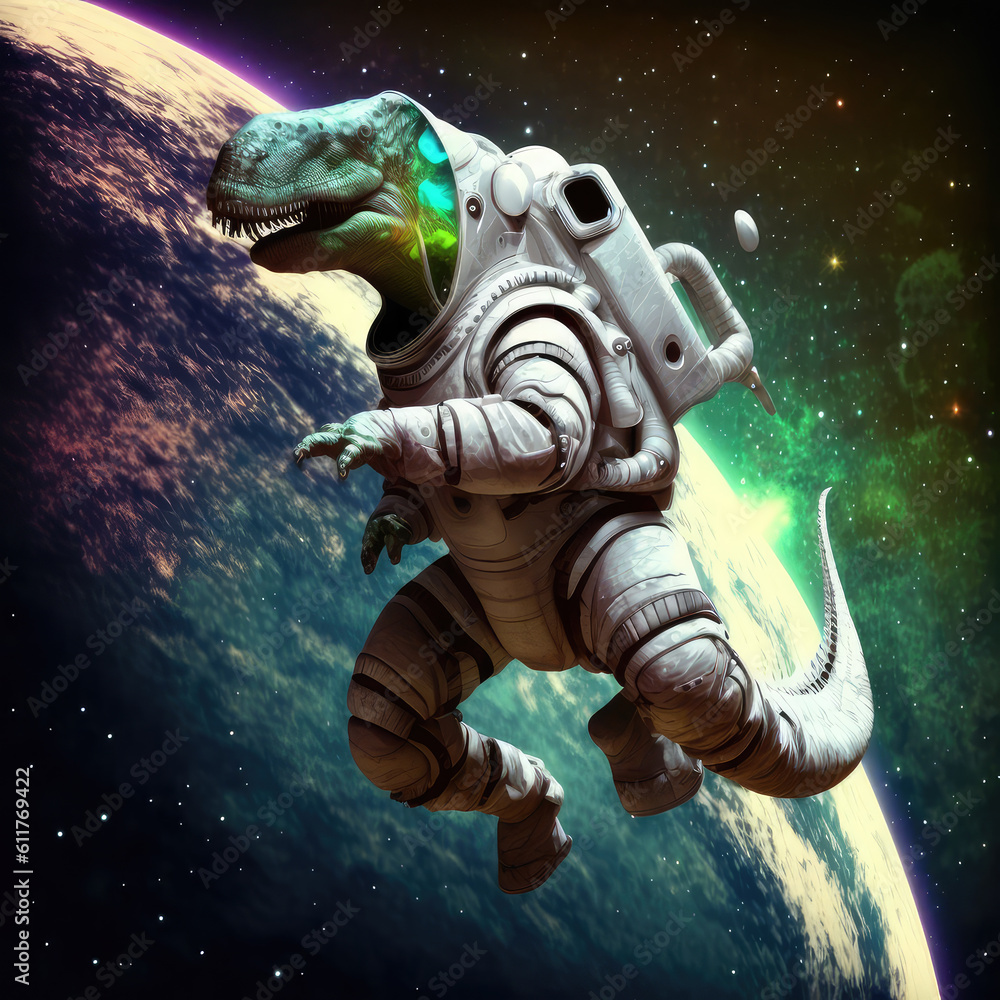 Surreal tyrannosaurus Rex, T-Rex in space. Theropod dinosaur in ...