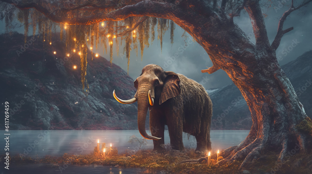 Mammoth prehistoric animals of the ice age, ancient elephant stand by ...