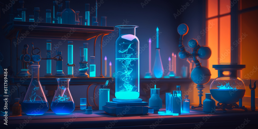 Captivating fluorescent science lab with glowing chemistry equipment in ...
