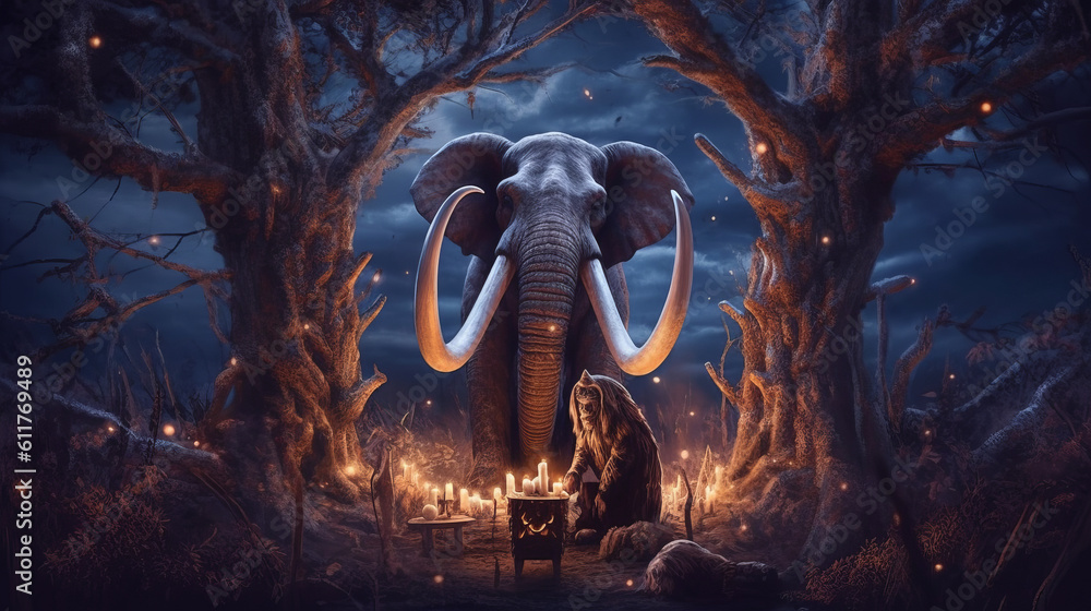 Mammoth prehistoric animals of the ice age, ancient elephant stand by ...