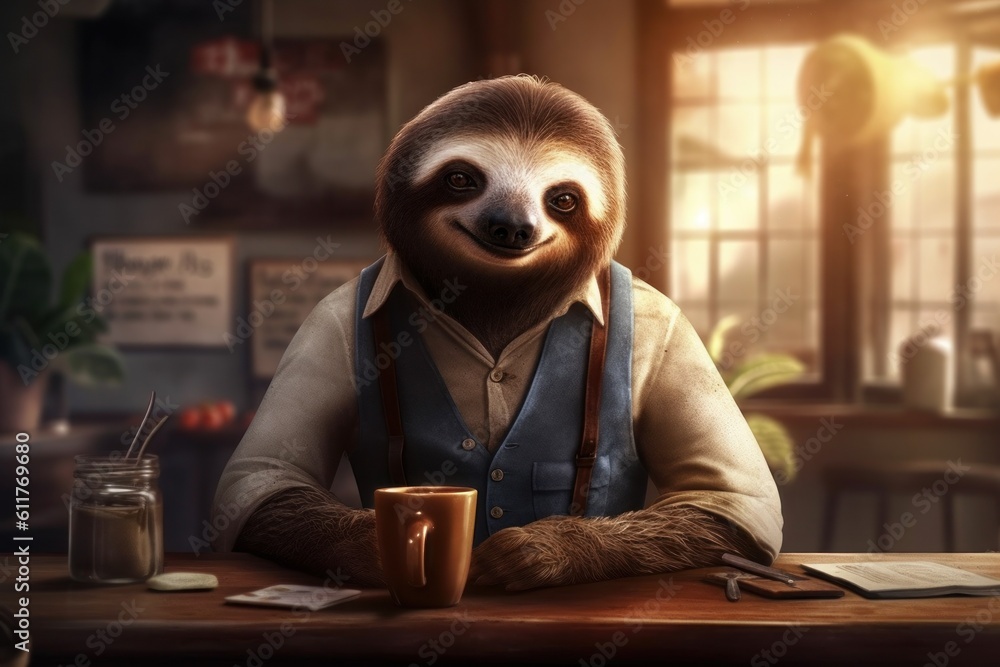 Anthropomorphic sloth in the role of a bartender in a bar or a waiter ...