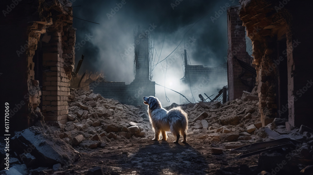 The dog survived after the disaster, fire and earthquake. The dog sits ...