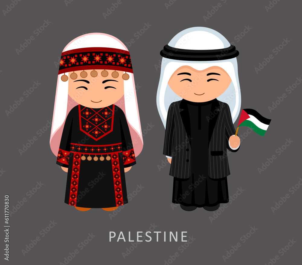 Woman and man in Palestine national costume. Palestinian couple ...