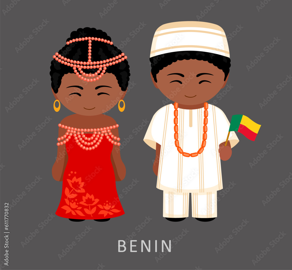 Woman and man in Benin national costume. Beninese couple, cartoon ...