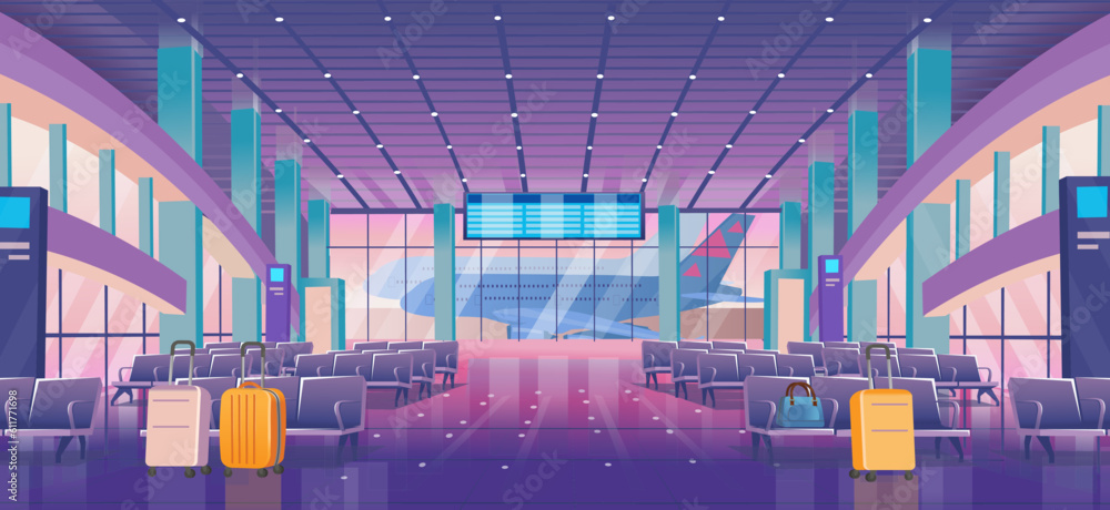 Airport waiting hall. Interior inside the airport terminal with chairs ...