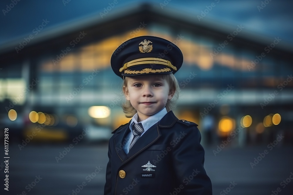 child boy that is wearing a pilot's uniform against an airport terminal ...