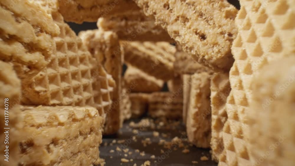 Pile of tasty wafers. Tunnel of waffles. Food concept. Dolly shot with ...