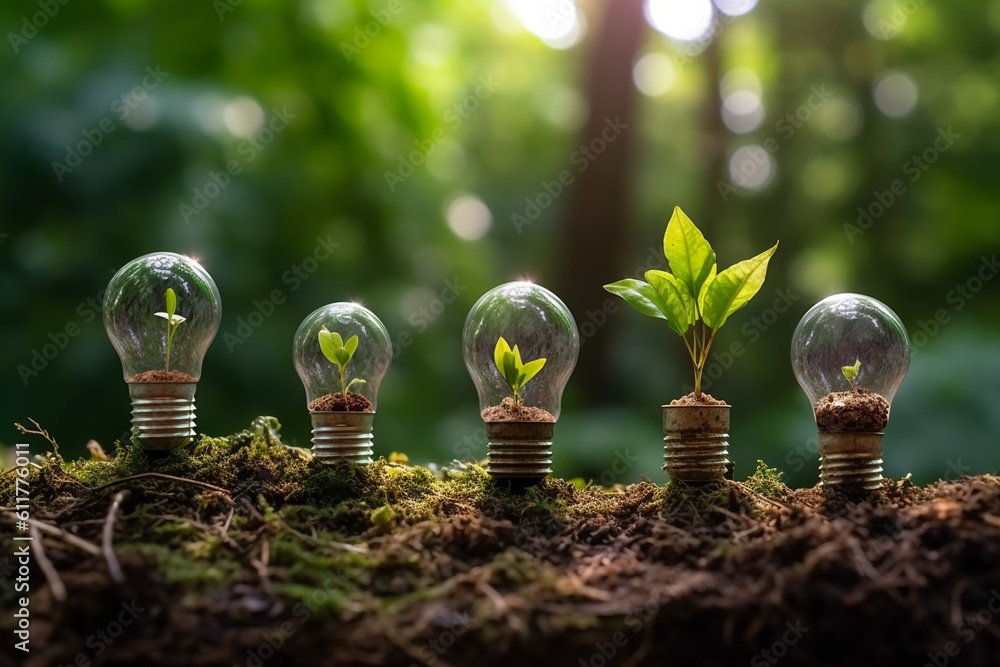 Energy saving concept, plants growing in the light bulbs in the forest ...