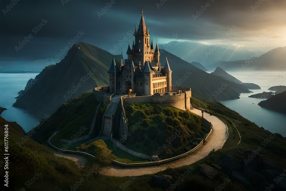 an ancient castle with weathered stone walls and overgrown vines ...