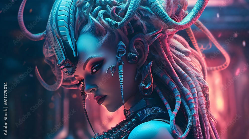 surreal female portrait with crazy alien headdress, fictional person ...