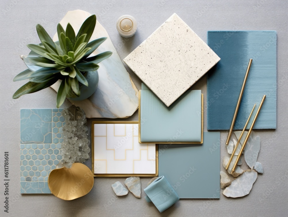 Beautiful blue mood board with different types of material and surfaces ...
