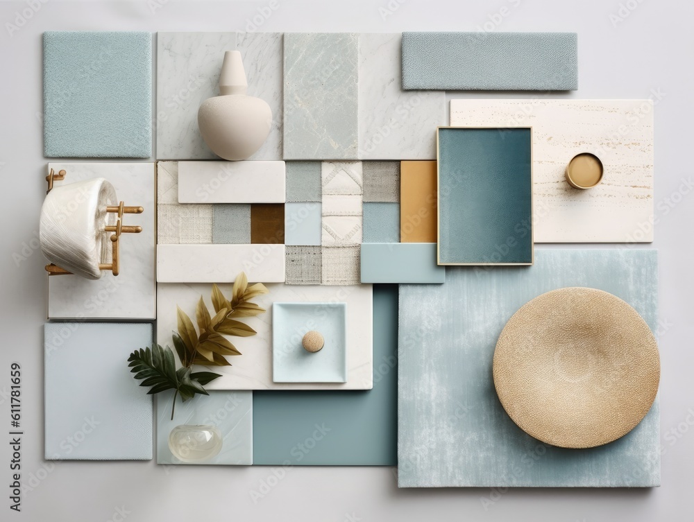 Beautiful blue mood board with different types of material and surfaces ...
