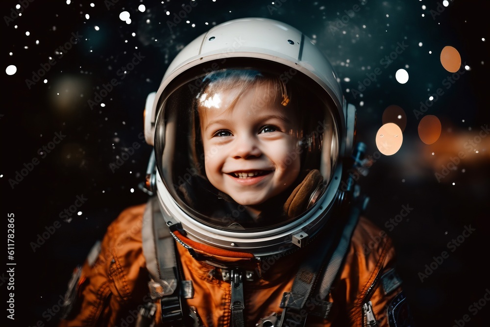 Portrait of a cute little boy wearing astronaut helmet on a dark ...