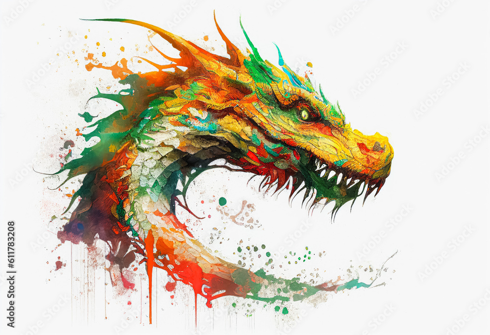 Drawn dragon head on white paper, profile, multi-colored dragon, made ...