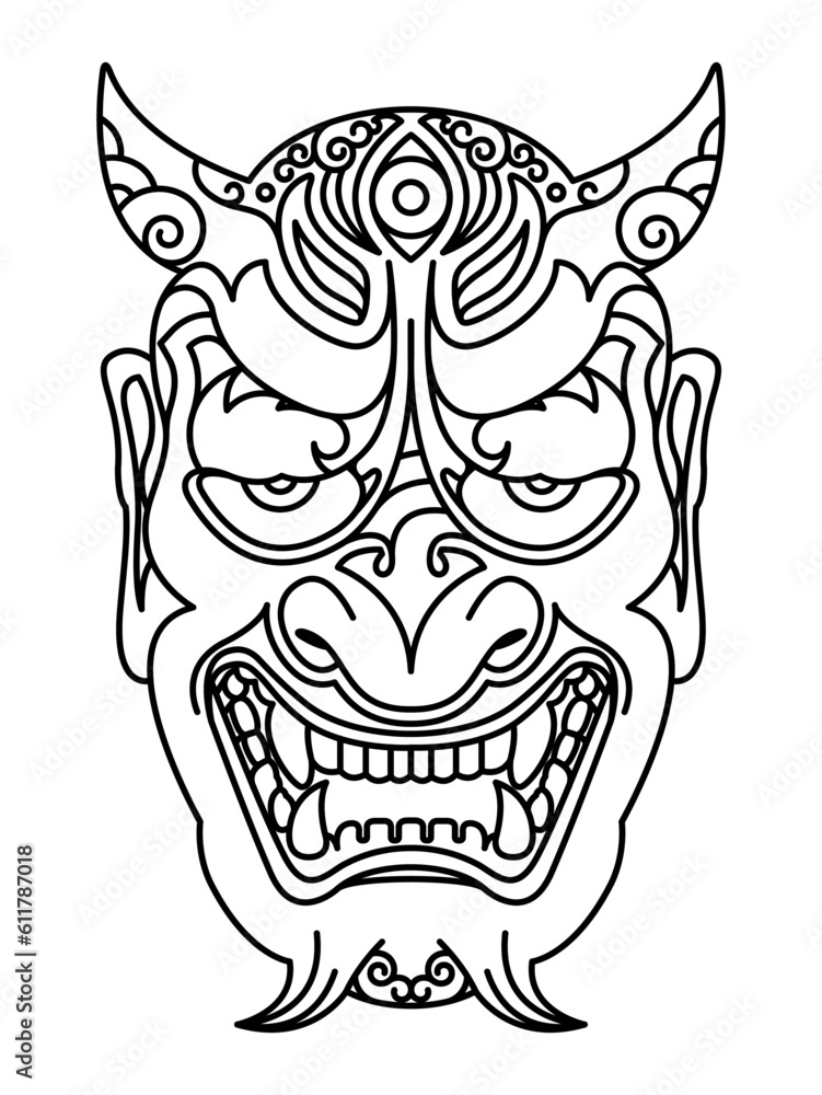 An outline illustration of the face of a demon inspired by traditional ...