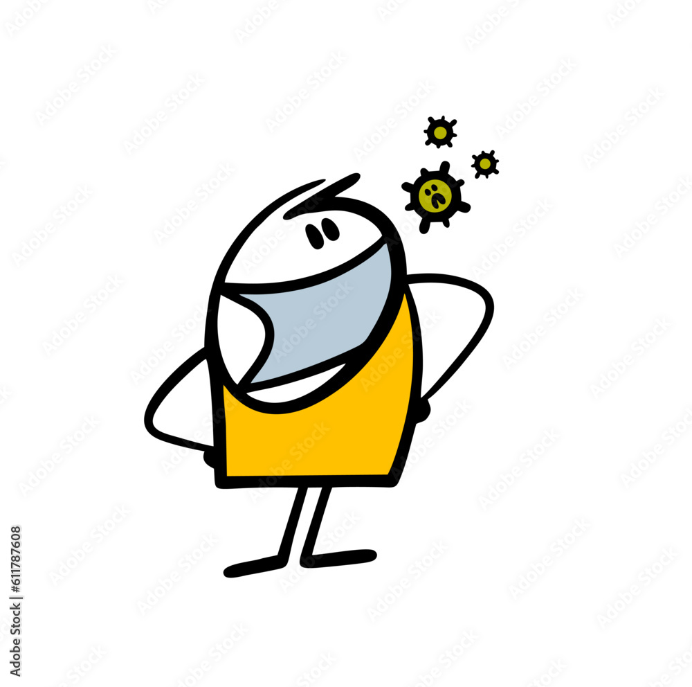 Brave character in a medical mask is protected from viruses and germs ...