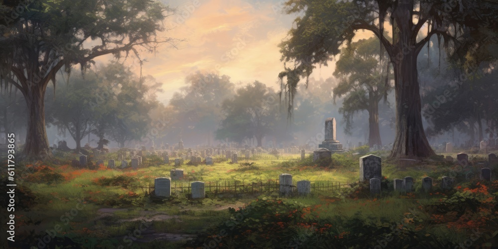 A peaceful cemetery, where ancient tombstones blend seamlessly with nature's embrace Generative ...