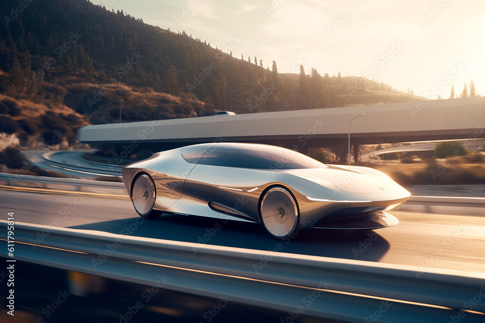 futuristic sports car driving at high speed on the road with beautiful ...