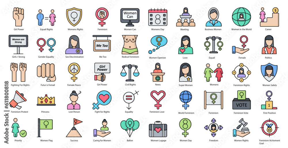 Feminism Line Color Icons Woman Gender Equality Iconset in Filled ...
