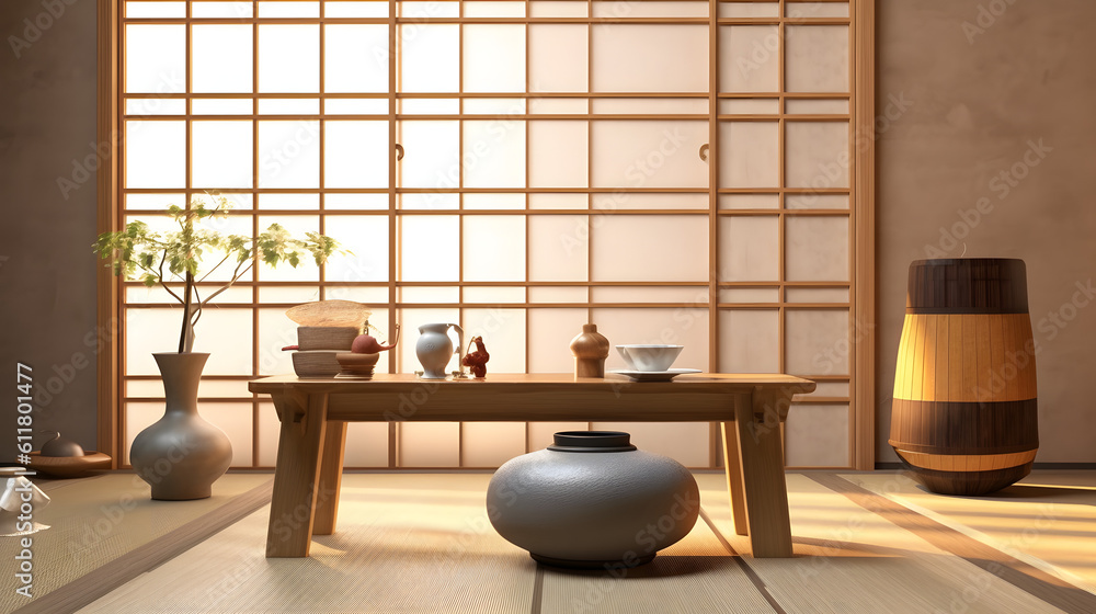 Wood chabudai traditional Japanese short legged table, round pouf seat ...