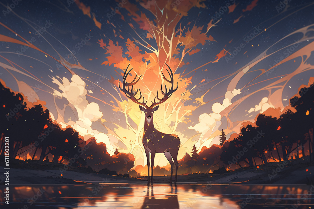 cartoon hand drawn beautiful forest scene deer fairy tale illustration ...