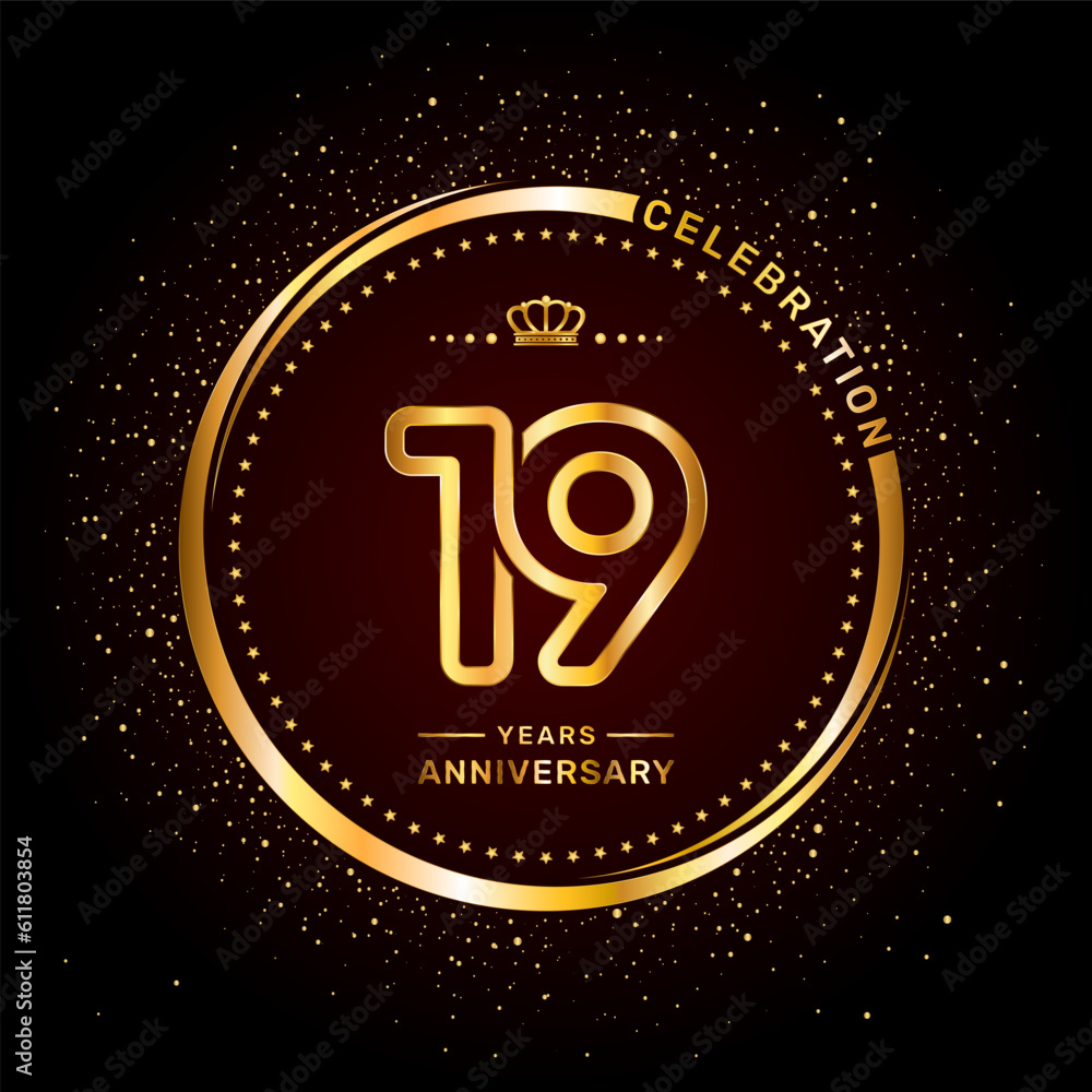 19 year anniversary logo with double line number style and gold color ...