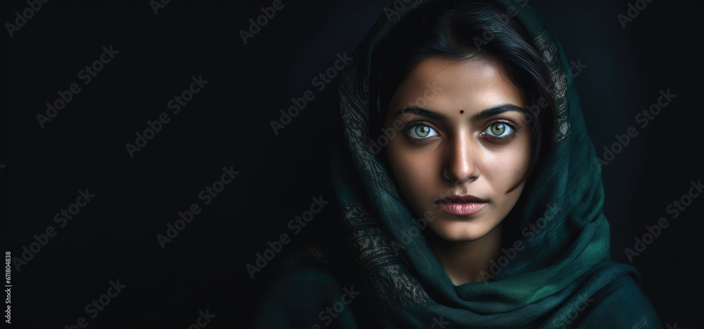 Portrait of a beautiful young woman with bindi in traditional Pakistani ...
