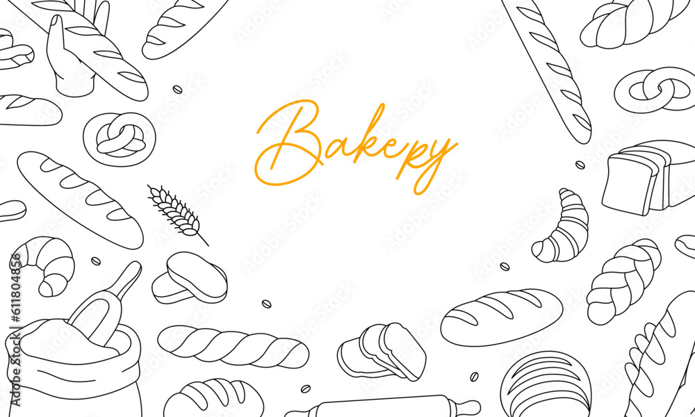 Bakery products horizontal outline banner. Breads and pastry menu ...