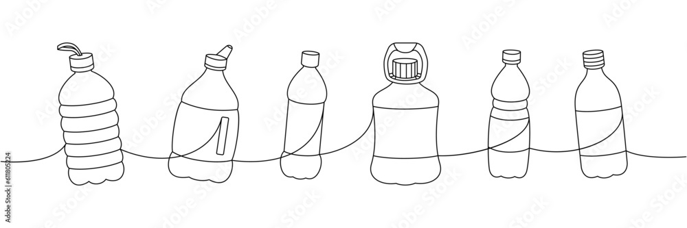 Plastic bottles one line continuous drawing. Empty plastic bottles ...