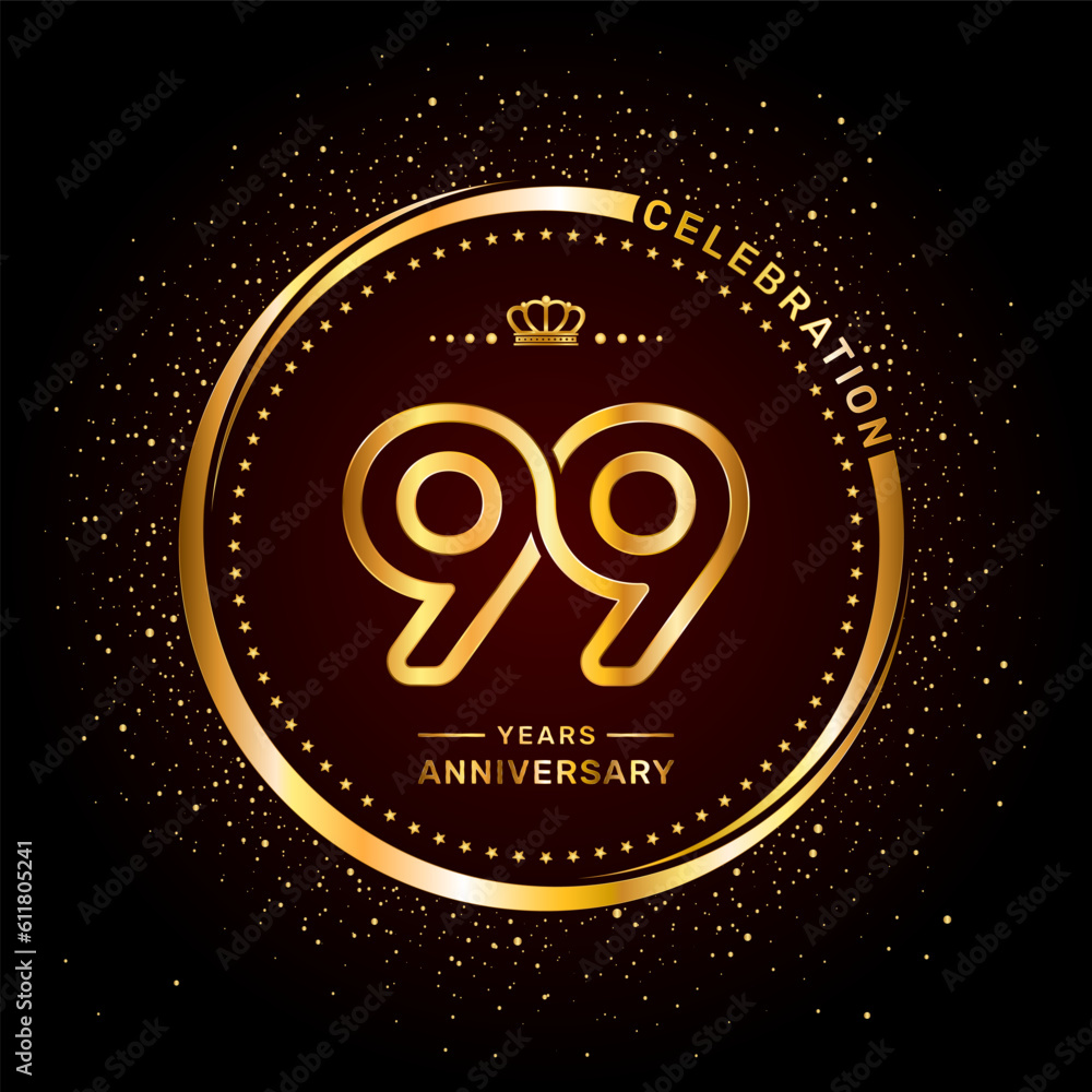 99 year anniversary logo with double line number style and gold color ...