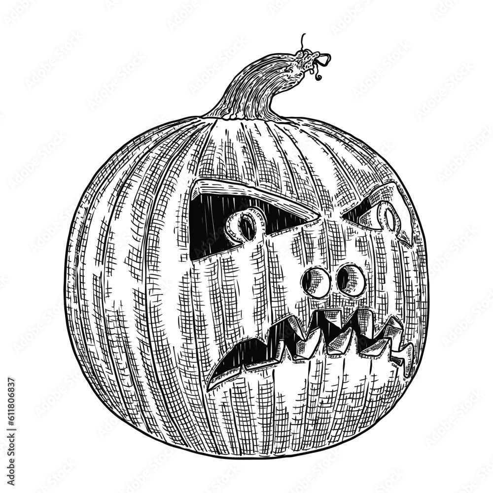 Infernal and mystical drawing of scary and mysterious carved Jack-o ...