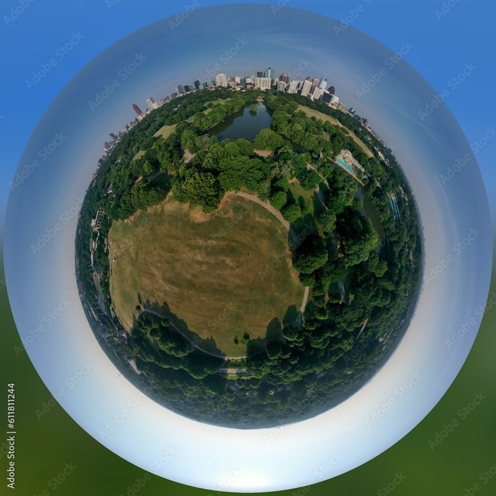 360 degree tiny planet view of Atlanta skyline from Piedmont Park in ...