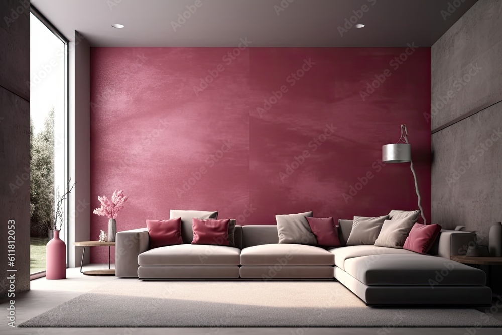 The main living room sofa is crimson raspberry. Accent wall made of ...