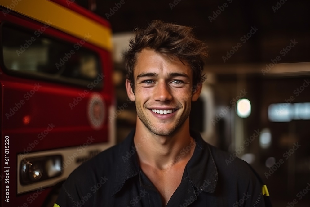 man in his 20s that is wearing a firefighter's uniform against a fire ...