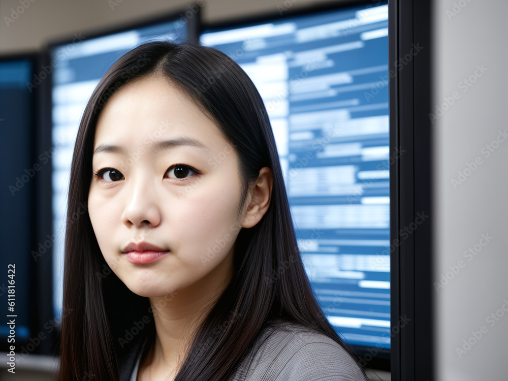 Asian middle aged data analyst woman on background of computer screens ...