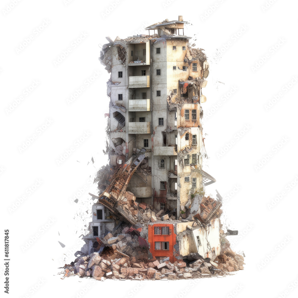 Destroyed skyscraper after earthquake isolated on transparent ...