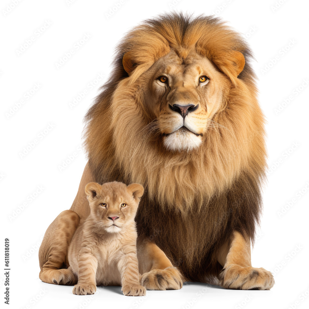 Majestic Male Lion Protectively Embracing Playful Cub, Isolated on ...