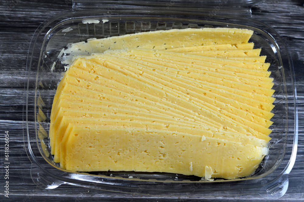 Slices of Egyptian Rumi cheese, also called gebna romiya or gebna ...