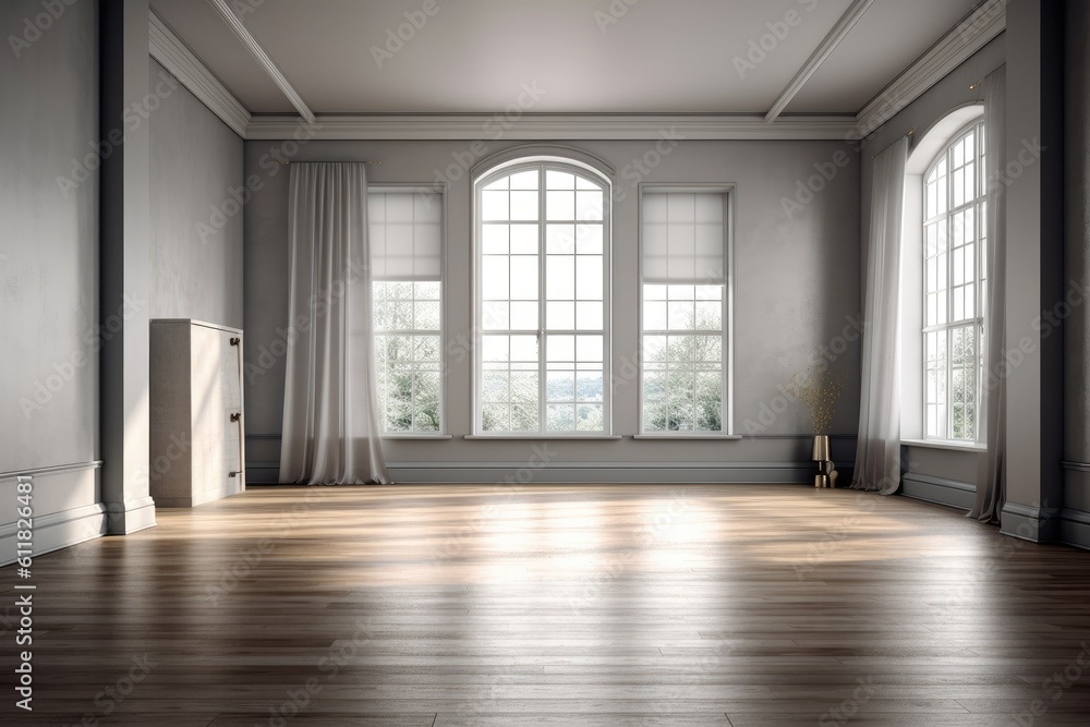 Grey walls, a glossy parquet floor, white plinth, a large full-wall ...